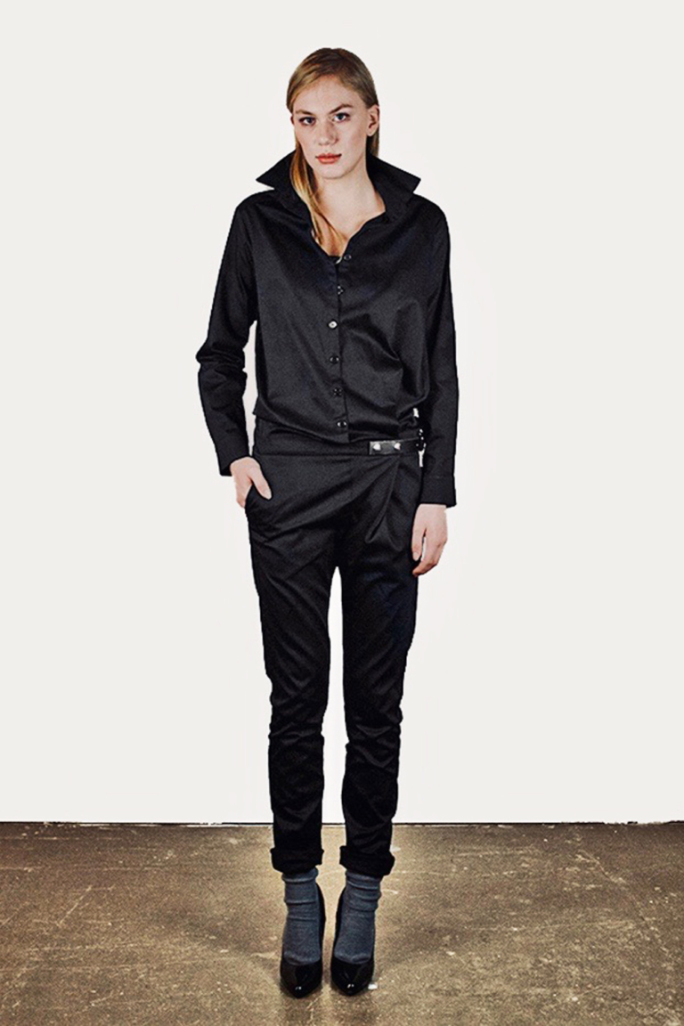 Shirt jacket ‘Axl’ of black wool with leather yoke - Studio EVA D.